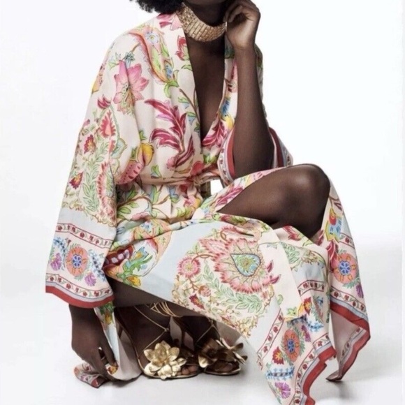 Zara | Tops | Zara Floral Pink Printed Long Kimono Robe Belted Side ...